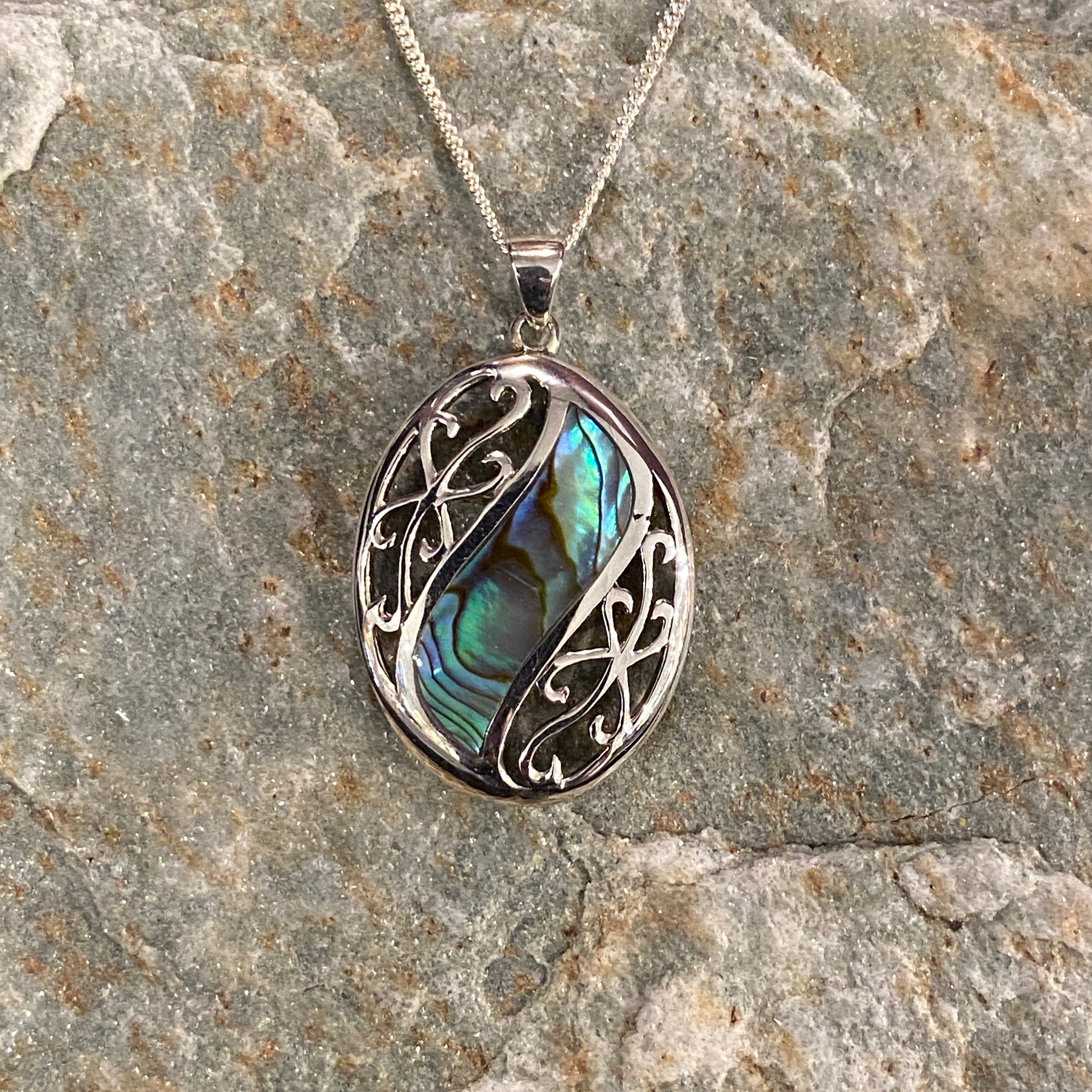 Paua Shell Koru Pattern Pendant Necklace | The Gift Centre Queenstown